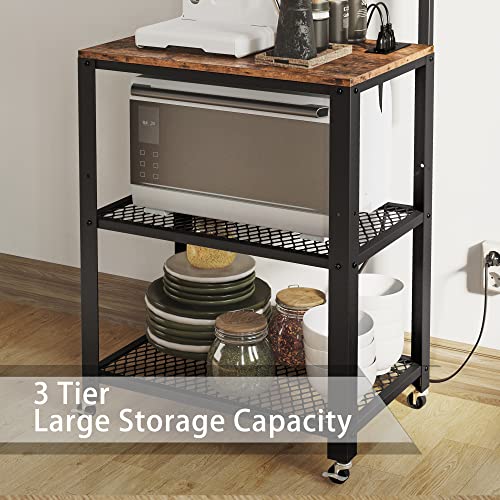 IRONCK Bakers Rack with Power Outlet, Industrial Microwave Cart with Wheels 3-Tier Coffee Bar for Kitchen Living Room Vintage Brown