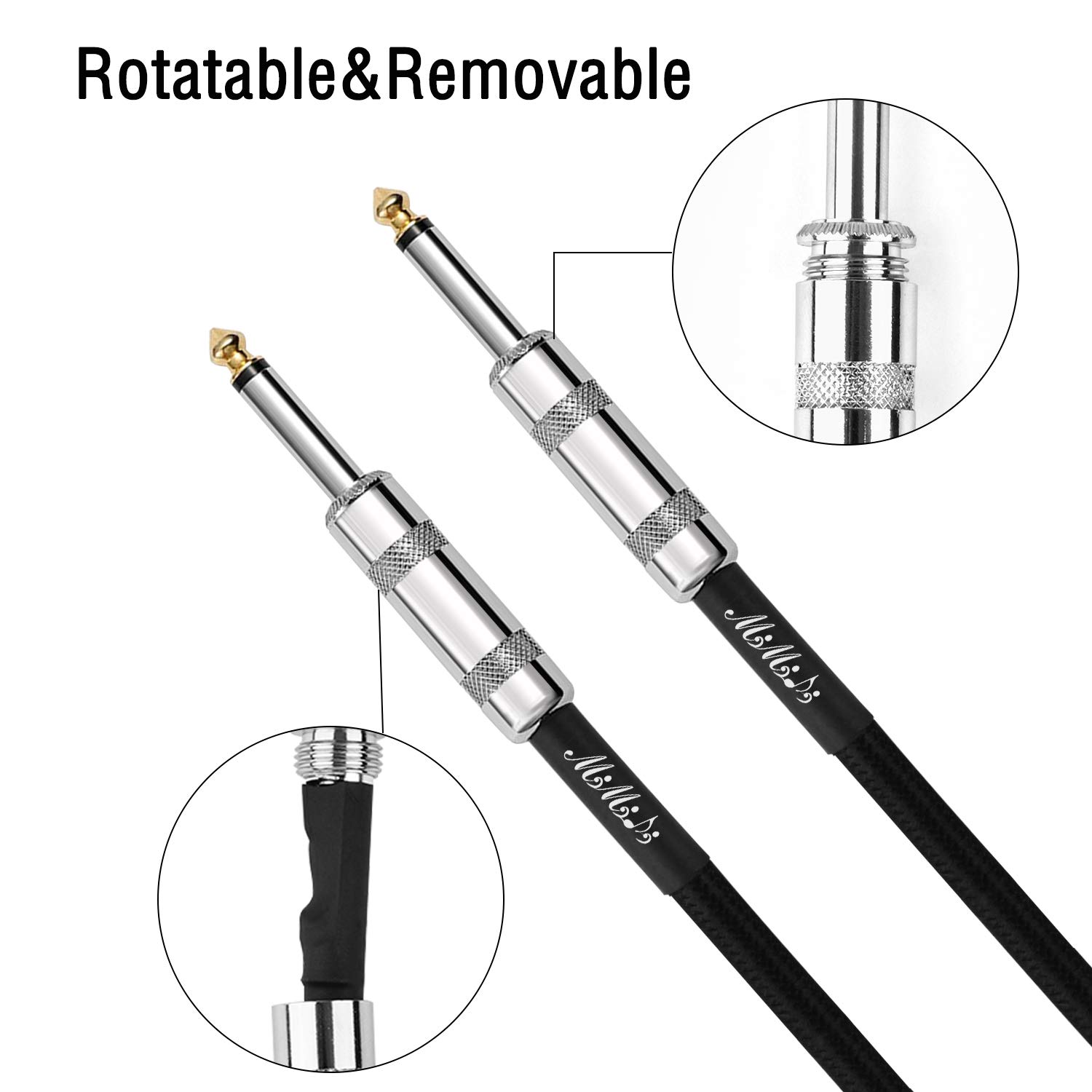 Guitar Instrument Cable 1/4 inch Color Tweed Jacket Instrument Cable 10 ft for Electric Guitar, Bass Guitar, Electric Mandolin- Single (Black+Straight)