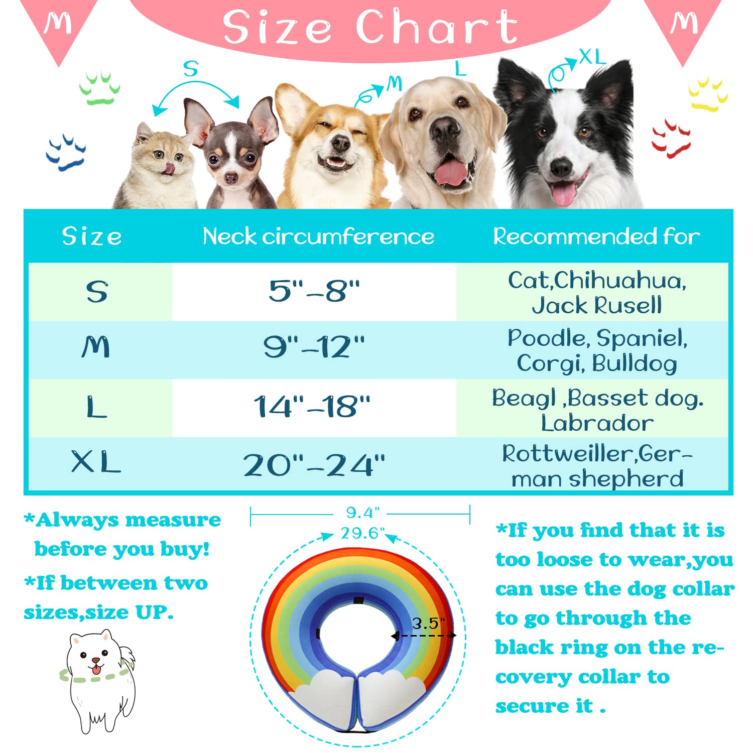 Inflatable Rainbow Protective Dog Donut Cone Collar for Dogs Cats-Soft Recovery Adjustable E-Collar Dog Neck Donut Cone Alternative After Surgery to Prevent from Biting Licking Scratching
