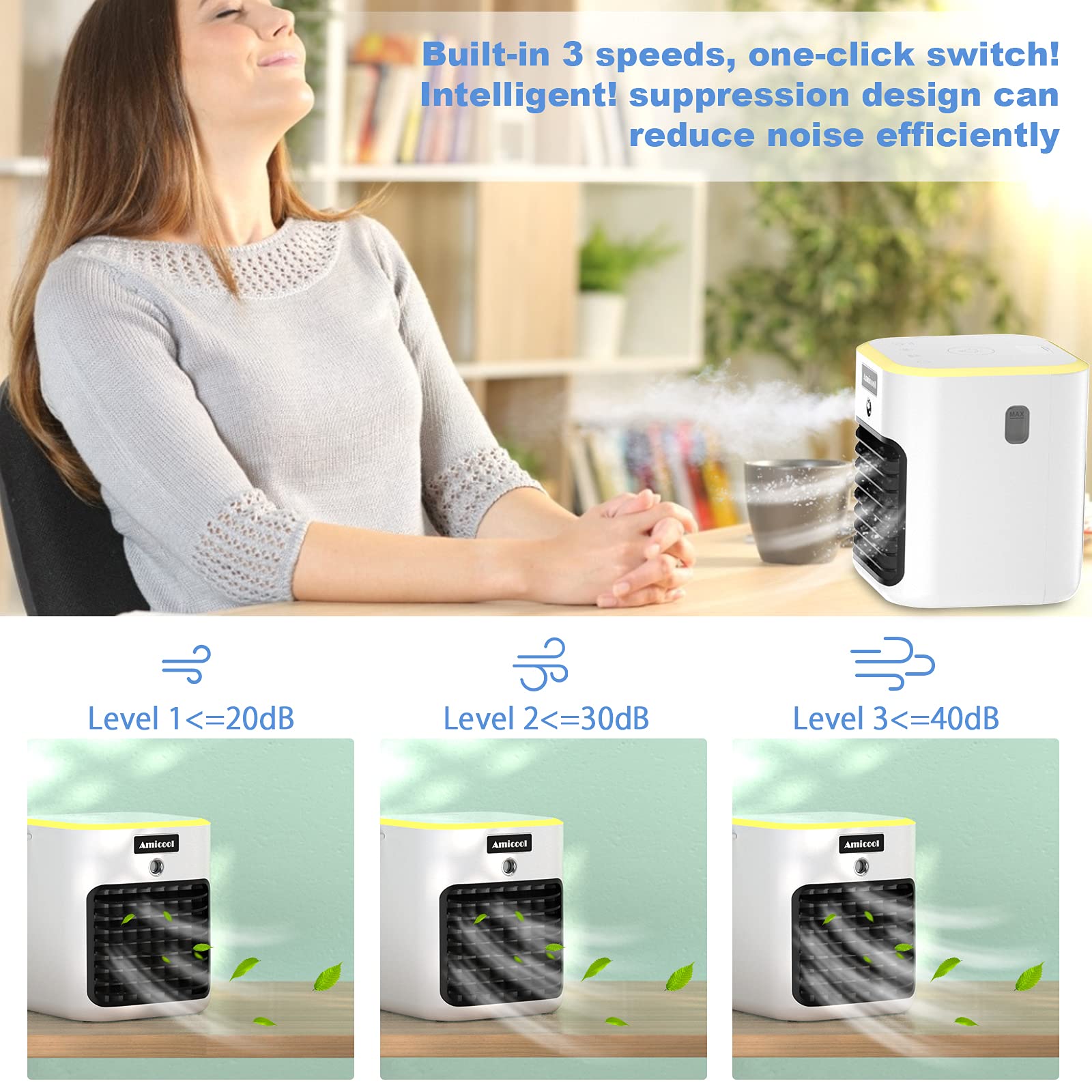 Amicool Portable Air Conditioner, Air Conditioner Fan with 3 Speeds, Personal Air Cooler with light for Home Office and Room, White (YB88)