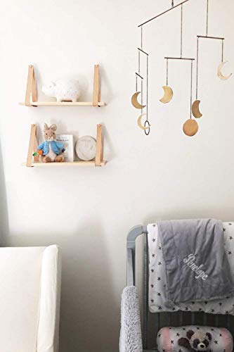 Mkono 4PCS Set - Hanging Shelf Wall Wood Floating Storage Shelves Leather Strap Swing Organizer Set of 2, and Macrame Storage Baskets for Baby Nursery Room Decor