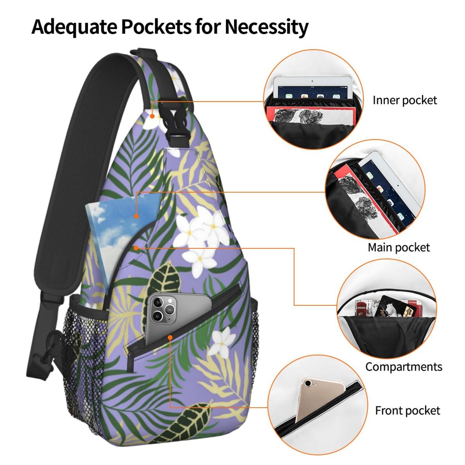 ASYG Hawaiian Tropical Flower Sling Bag Travel Hiking Casual Daypack Crossbody Shoulder Backpack Unisex Chest Bag