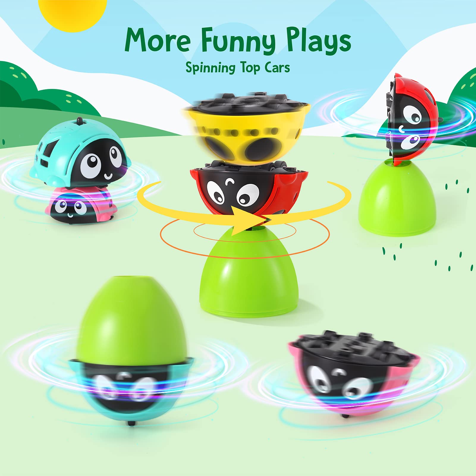 Hamdol Pull Back Cars Friction Powered Cars, Multi-Function 360° Rotating Spinning Top, Push and Go Back and Forth Car Toys Vehicles Play Set, Christmas & Birthday New Year Gifts for Kids(8 Sets)