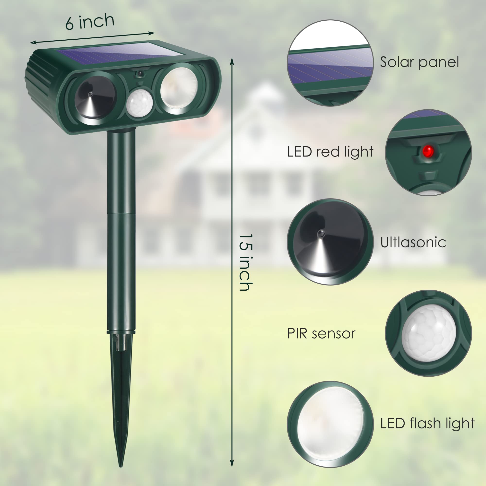 Jahy2Tech Solar Ultrasonic Animal Repellent Outdoor,Deer Repellent Devices with Motion Sensor & Flashing Light,Cat Squirrel Raccoon Skunk Rabbit Repellent Outdoor Animal Repeller Deterrent (1), Green
