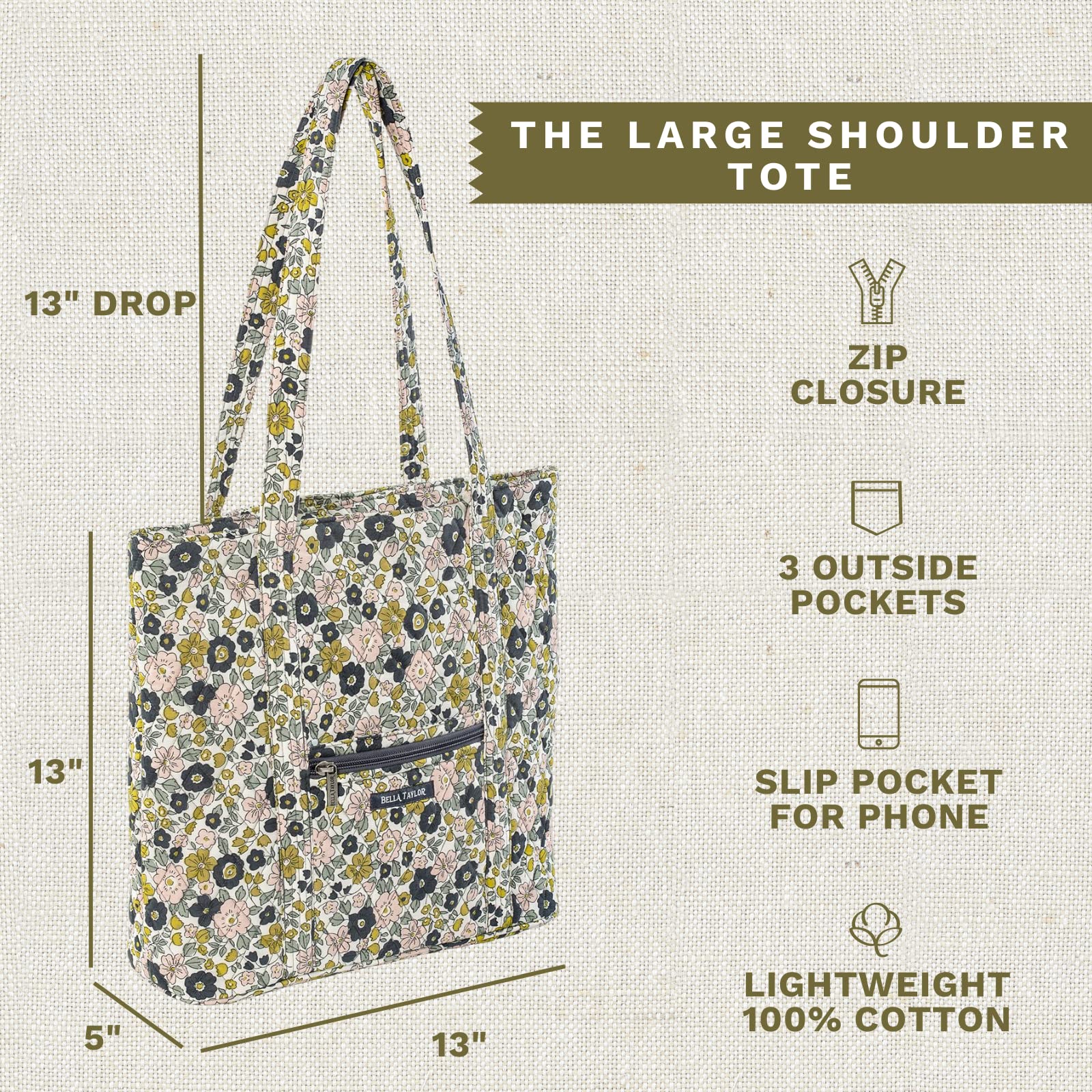 Bella Taylor Large Tote | Quilted Floral Tote Bag for Women | Delicate Floral Charcoal