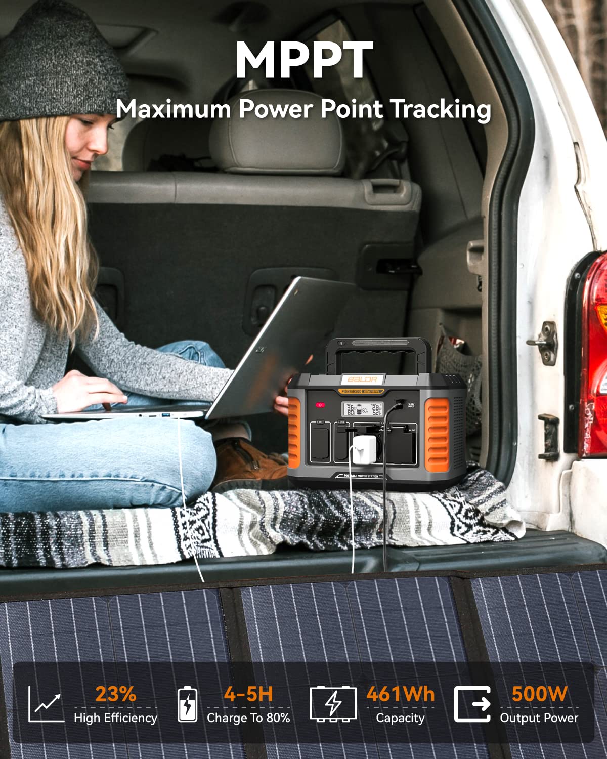 BALDR Power station with solar panel included, 500W Solar Generator Kit with 120W Foldable Solar Panel for Outdoor Camping, Home Use, Emergency.