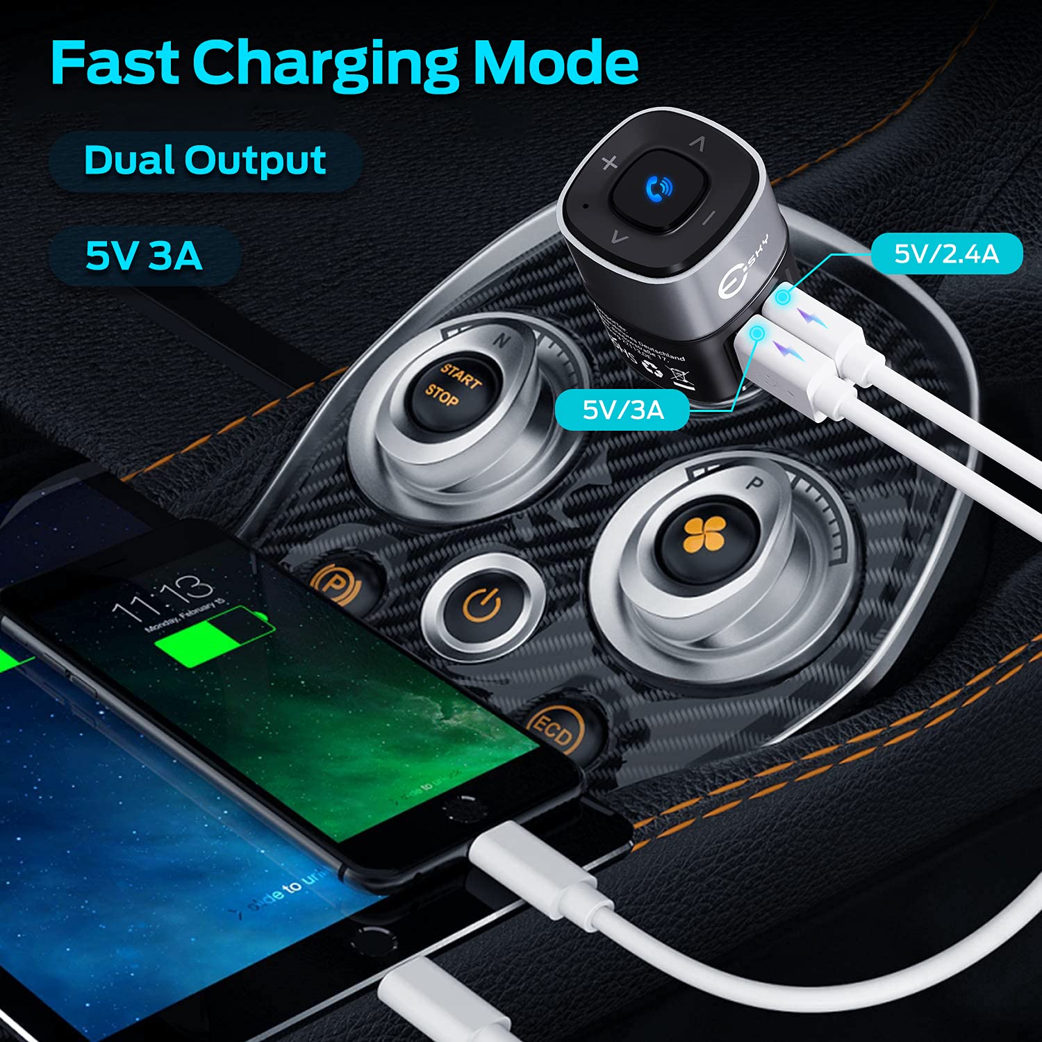 Esky Bluetooth Receiver for Car, 3.5mm Aux Bluetooth Car Adapter, Bluetooth 5.1 Wireless Car Audio Stereo Kits with Hands-Free Call, Dual USB Ports Car Charger
