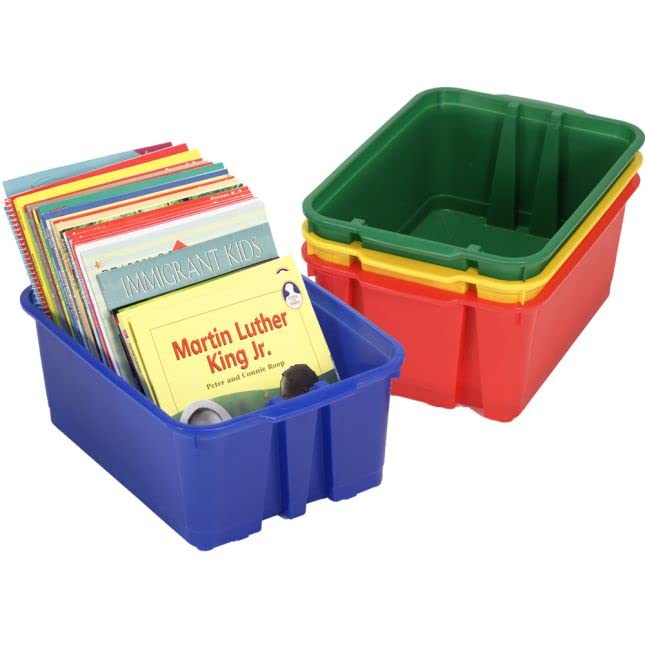 Really Good Stuff Stacking Bins, 14" x 10" x 5 ¾" - 4 Pack, Primary | Stackable Storage Plastic Bins for Classroom Organization, Home Storage, Office & Hospital Supplies