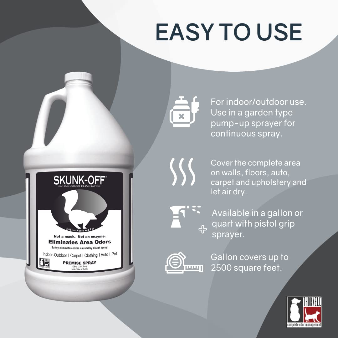 Skunk Off Skunk Odor Eliminator Premise Spray β Ready-to-Use Skunk Odor Remover for House, Outdoors, Cars, Laundry, & More β Skunk Spray w/Safe, Non-Enzymatic Formula (1 Gallon)