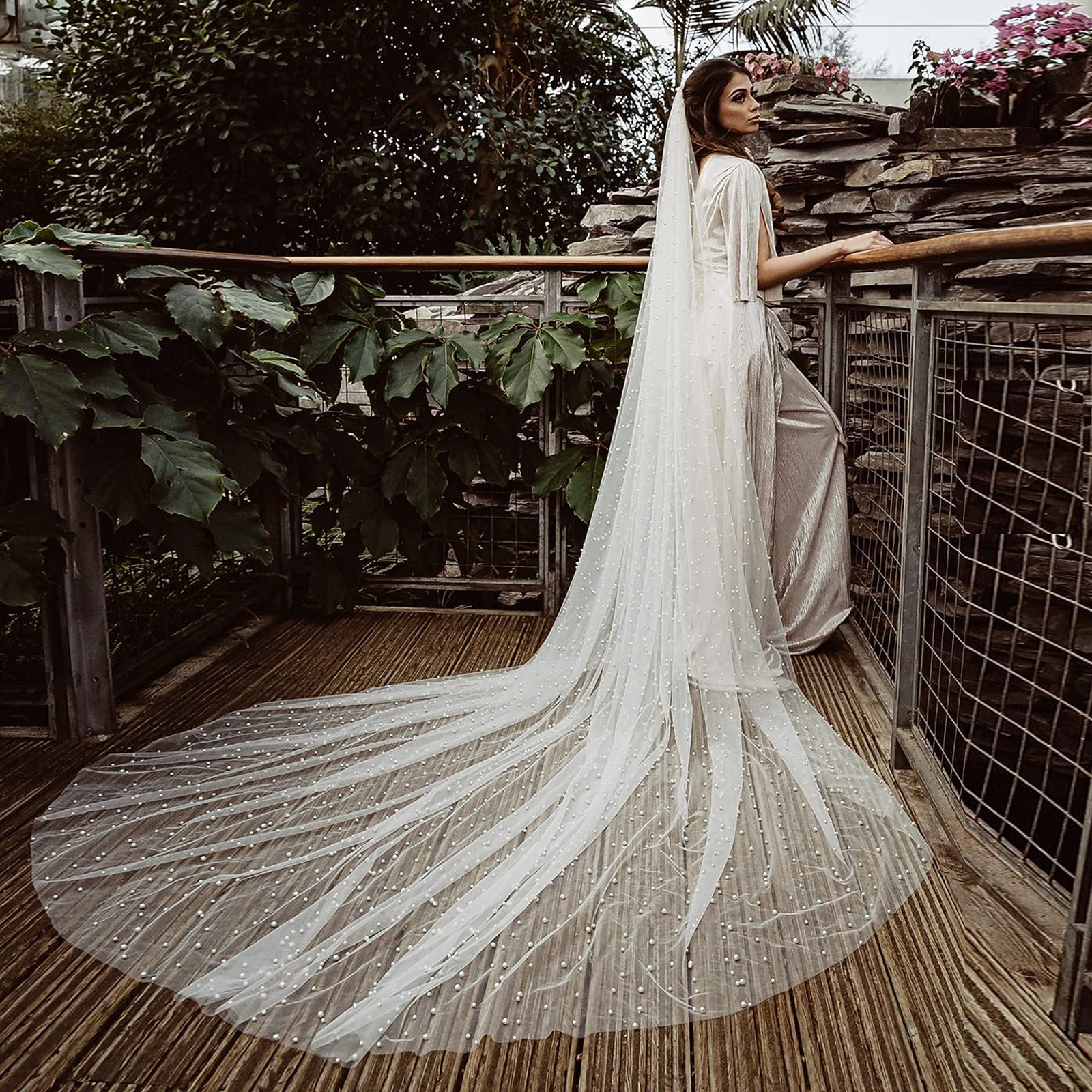 Bridal Wedding Veil 118" Long Cathedral Length Pearl Bridal Veil with Comb Y