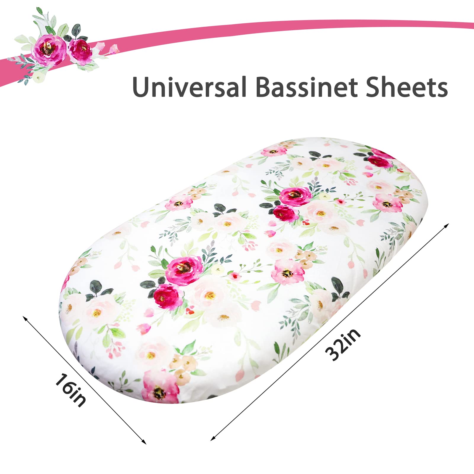Bassinet Sheet for Baby Girls, 2PACK Stretch Ultra Soft Fitted, Universal Cradle Sheet Set for Rectangle, Oval, or Hourglass Bassinet Pad/Mattres, Purlple Flower