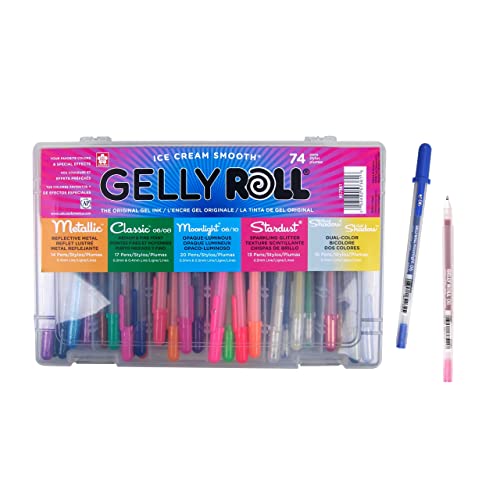 SAKURA Gelly Roll Gel Pens - Ink Pen for Journaling, Art, or Drawing - Assorted Point Sizes with Pen Storage Case - Assorted Colored Ink - 74 Pack