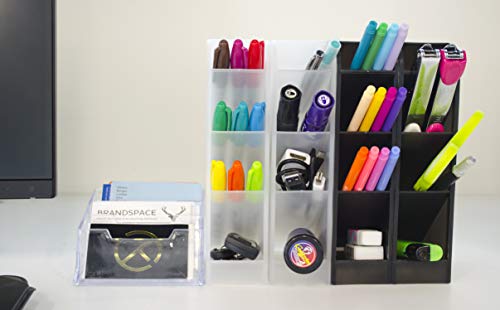 STYLIO Office Desk Organizer. Pen & Pencil Holder. Markers, Stationery Caddies Essential for Office/ Teacher Supplies. Translucent Black & White Caddy Organizer Racks (Set Of 4). Perfect for Desktops