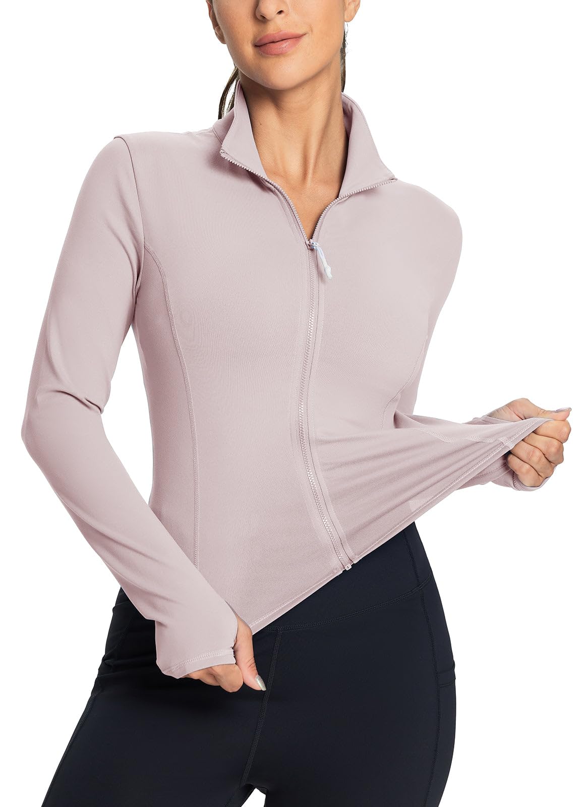 BALEAF Women's Athletic Zip Up Jacket Cropped Workout Running Yoga Lightweight Long Sleeve Jackets with Thumb Holes Black S