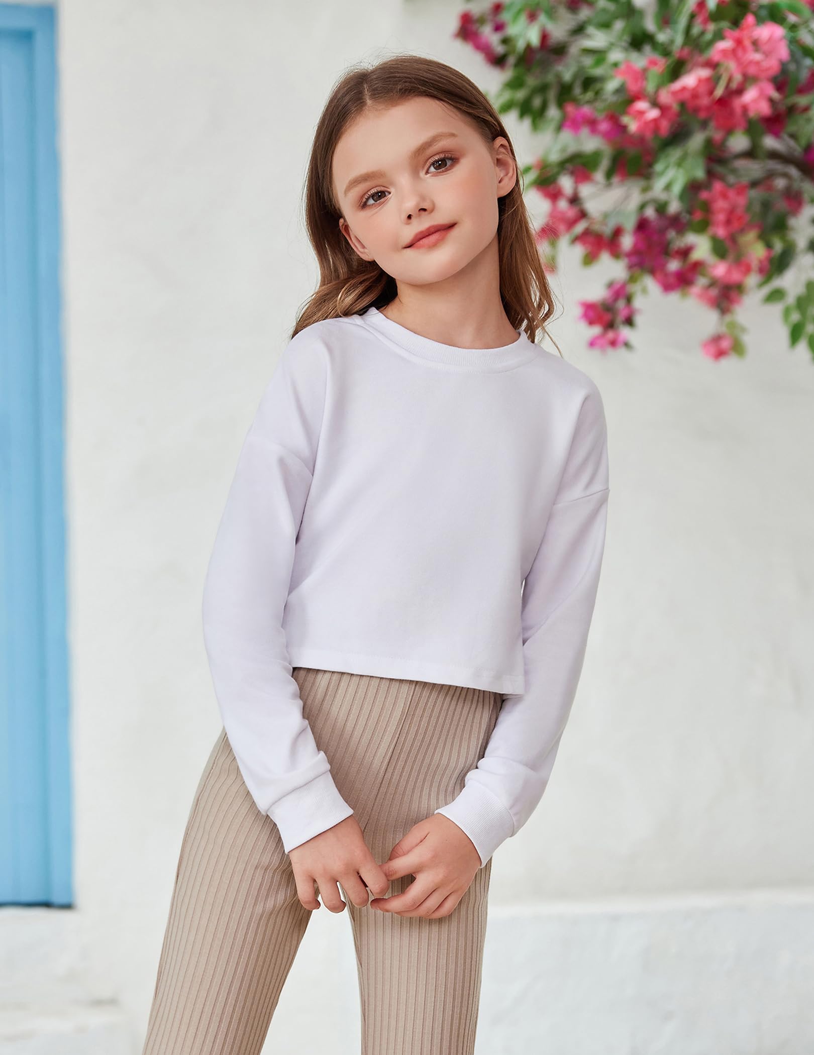 Arshiner Girls Crop Tops Kids Long Sleeve Pullover Sweatshirts Girls Cropped Crewneck Sweatshirt White Crop Top Long Sleeve Cute Clothes For 10-12
