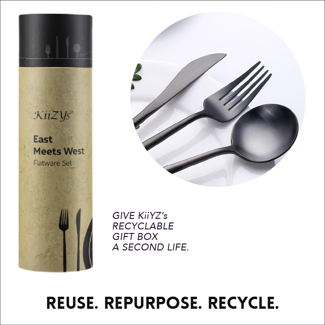 KiiZYs Matte Black Silverware Set - 8-piece Modern Flatware Stainless Steel Chopsticks β Kitchen Utensils Gifts for Couples - Cutlery Spoon Fork Knife Dishwasher Safe New Home (Black, Service for 2)