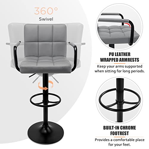 Huracan Adjustable Barstool with Armrest Swivel Bar Stools Set of 2 Counter Height Modern Bar Stool with Back Pu Leather Square Kitchen Island Barstools - Light Grey Base,2pcs
