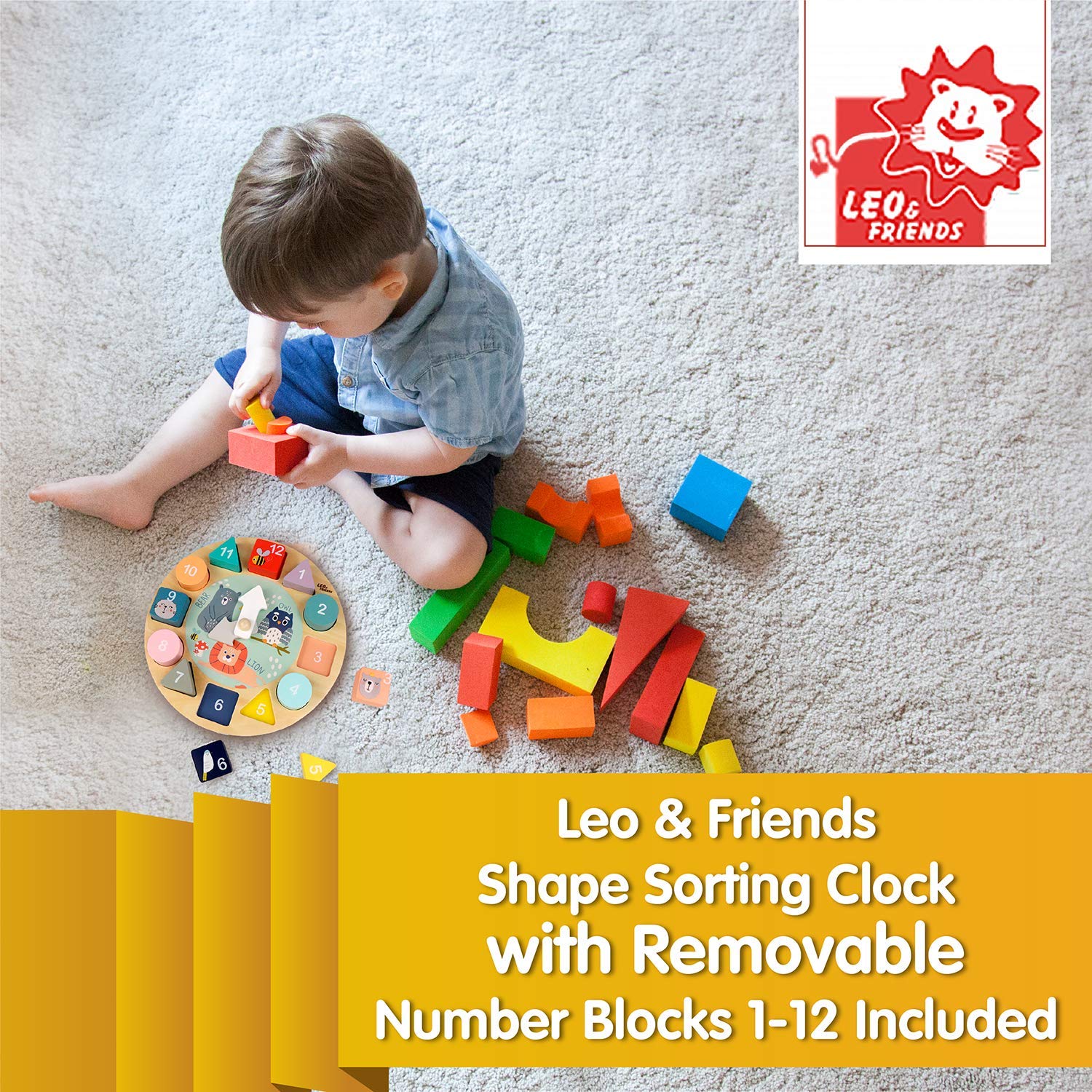 LEO & FRIENDS Shape Sorting Clock - 1 to 12 Removable Number Blocks Included, Learn How to Tell Time, Premium Wooden Educational Toy, Fun Puzzle Stacking and Sorting for Children Ages 3+