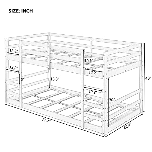 MERITLINE Wood Bunk Bed Twin Over Twin Bunk Beds for Boys and Girls, Simple Floor Twin Bunk Bed Frame with 2 Slats Sets and 2 Ladders, No Bunkie Board Needed