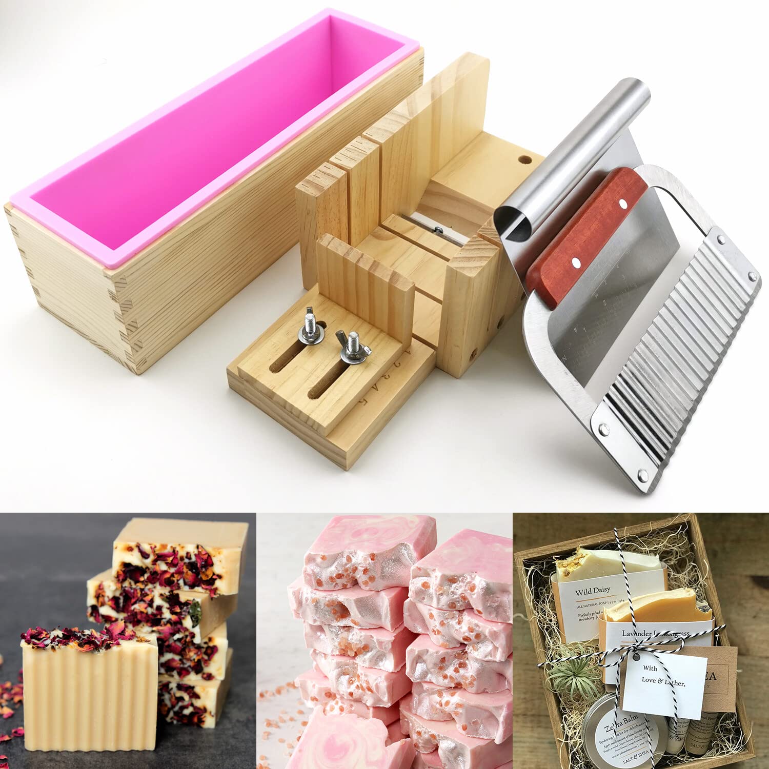 Artisanal Soap Making Tool Kits - 1 Set Wooden Soap Cutter with 2 Loaf Cutters, 1 Pcs 42 oz Rectangular Silicone Soap Mold with Wood Box, 1 Set Piping Bags and Tips