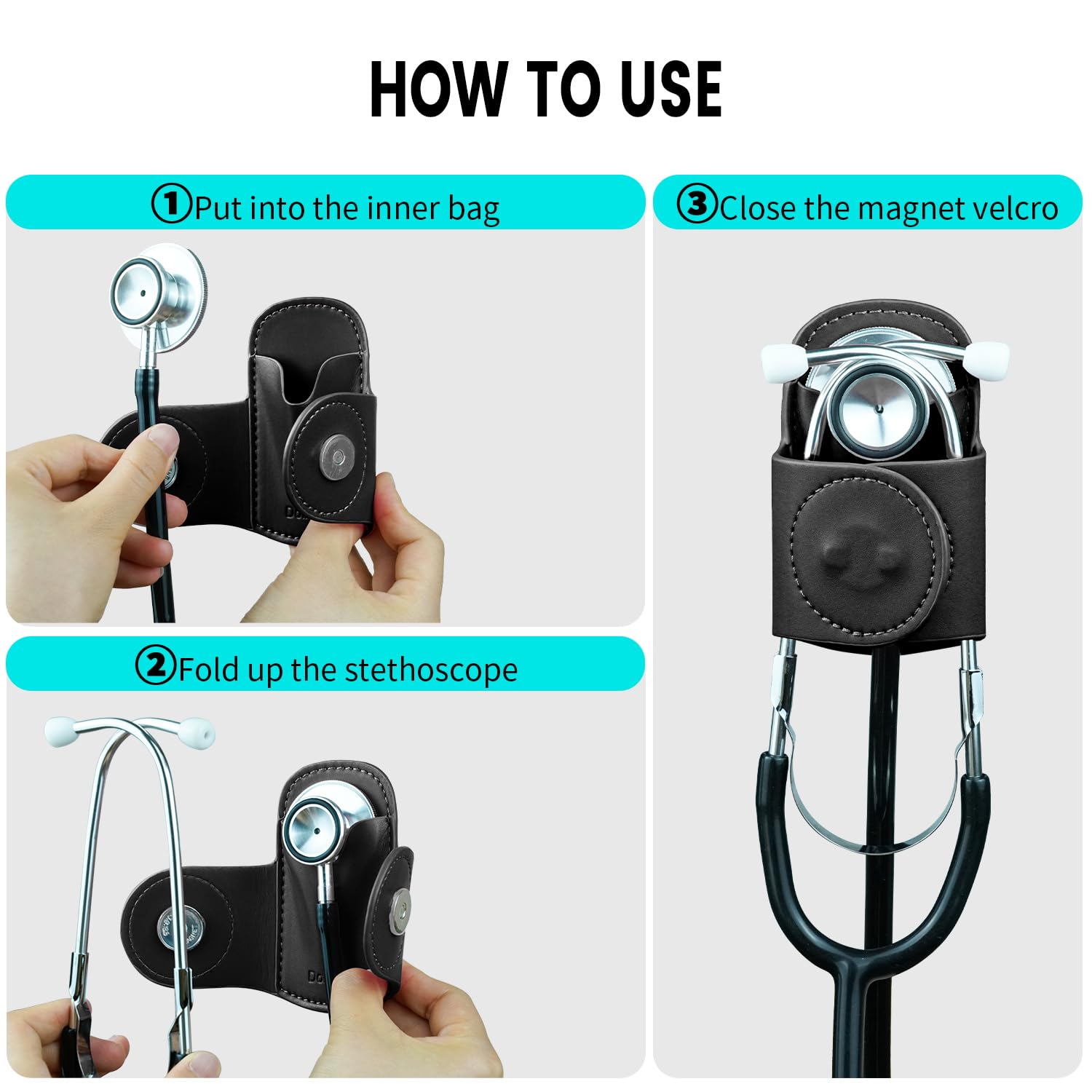 Magnetic Stethoscope Holder for Scrubs, with Leather-Covered Clip for Littmann & Most Stethoscopes, Stethoscope Holder Clip for Scrubs/Belts/Backpacks, Black