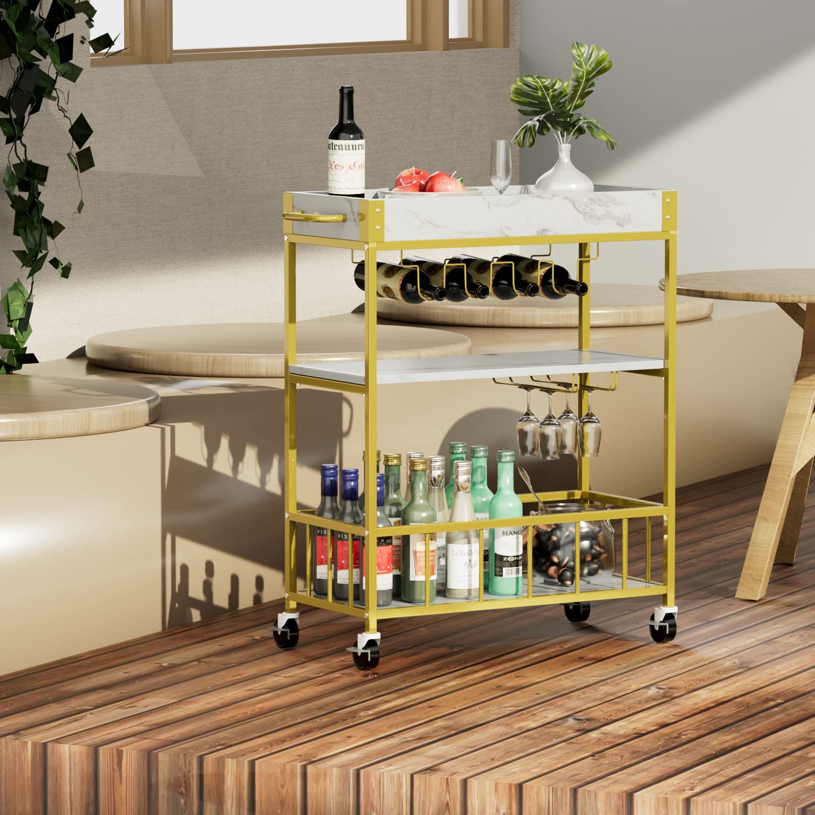 Azheruol Bar Cart White Marble 3 Tiers Removable Storage Tray with Wine Rack & Wine Glasses Holder,Rolling Beverage Cart,Mobile with Handle, Wood & Gold Steels Home Kitchen Shelf for Party