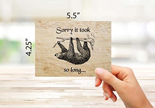 Small World Greetings Sorry It Took So Long Sloth Greeting Card 12 Count - Blank Inside with Envelopes - A2 Size (5.5"x4.25") - Belated Birthday, Late Shipment, Apology, Belated Thank You