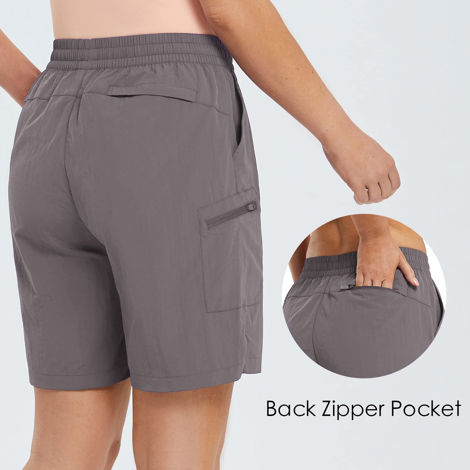 BALEAF Womens 7" Hiking Shorts with Zipper Pockets Summer Quick Dry Nylon Lightweight Baggy Shorts for Thick Thighs Black L