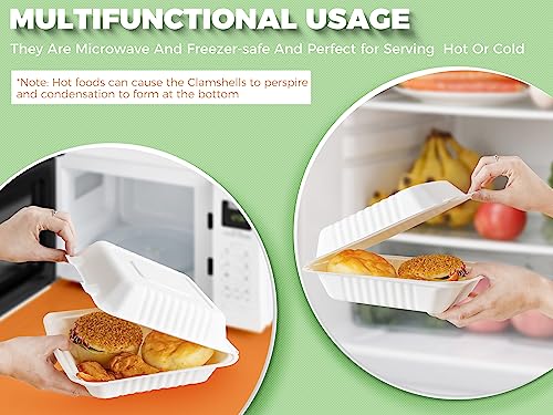 AUEAR, 8 Inch [50 Pack], Compostable Clamshell Take Out Food Containers, To Go Boxes for Food, Natural Disposable Clamshell Food Container, Eco-Friendly, Heavy - Duty To-Go Containers