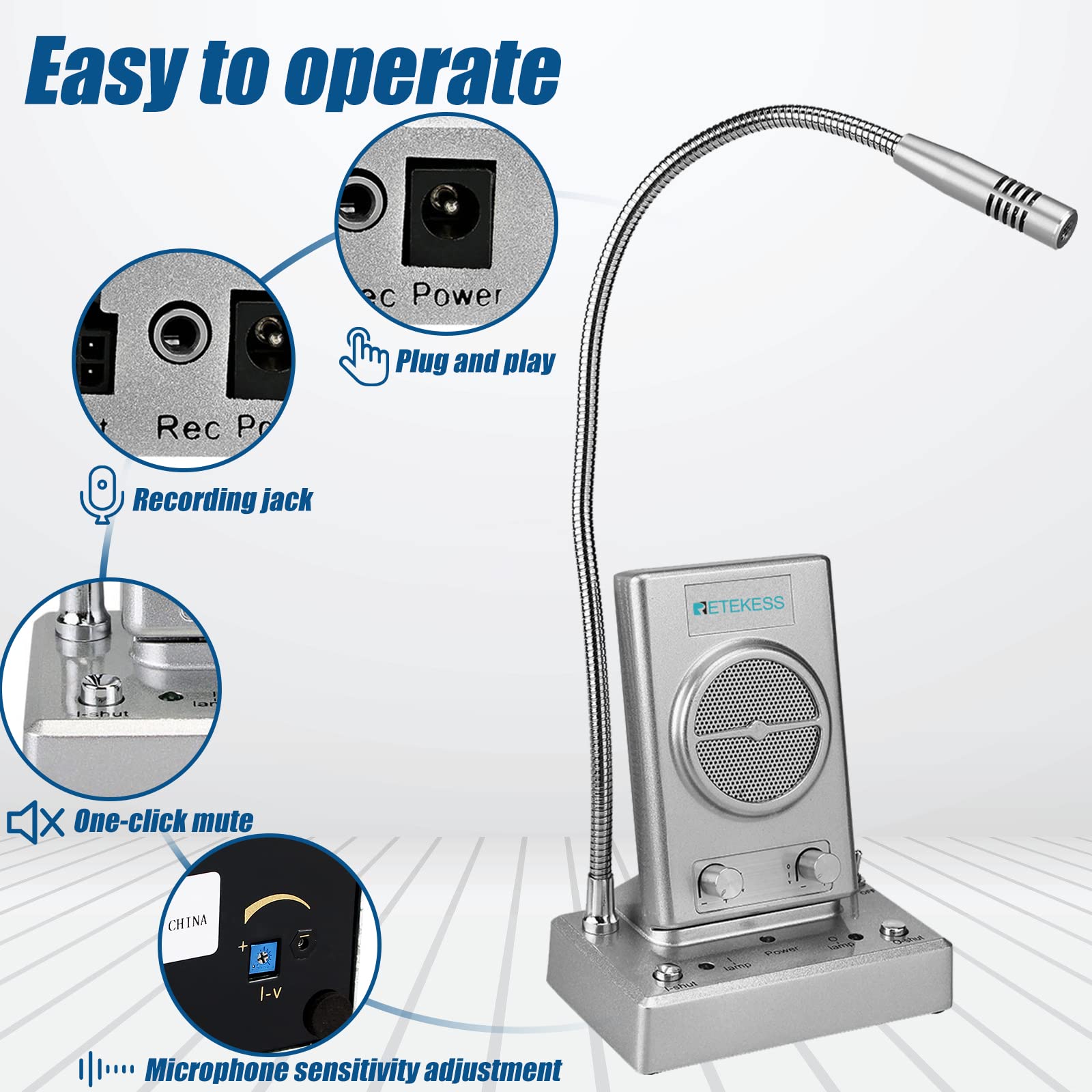 Retekess TW102 Window Intercom,Window Speakers, 8M Cable with Loud Outer Speaker, Connect Wireless Mic,Intercom System for Hotel,School,Medical Center