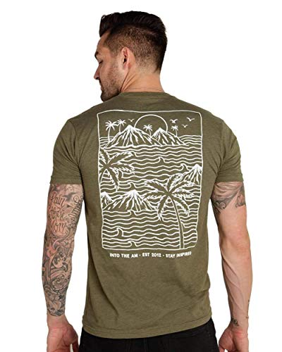 INTO THE AM Summer Islands Mens Graphic Tee - Cool Novelty Design Crewneck T Shirts for Guys (Olive Green, Large)