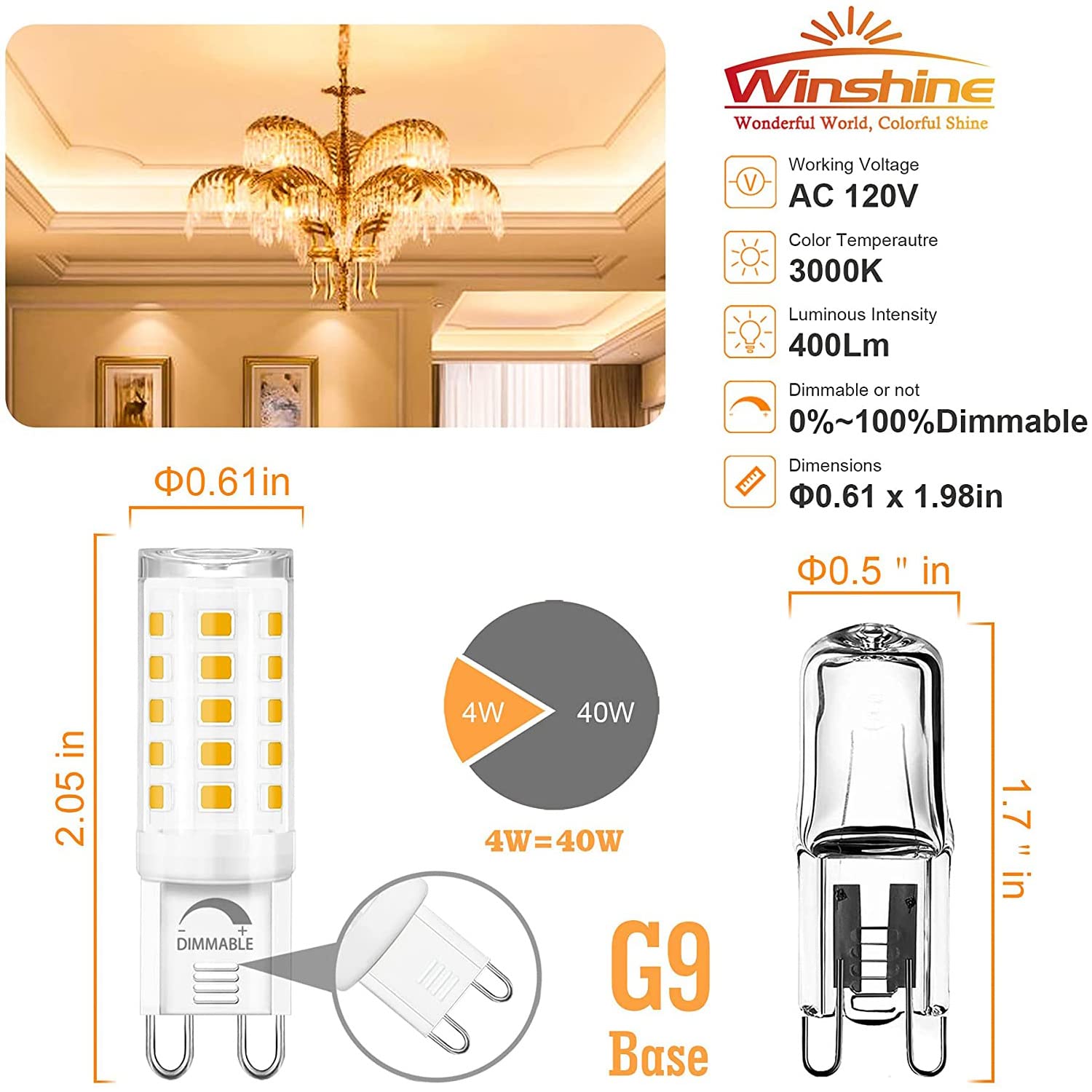 winshine 10 Pack Dimmable G9 LED Light Bulb 3000K Warm White, 4W G9 Base Chandelier Light Bulb Soft White, T4 40Watt Halogen Replacement G9 Bi Pin Base, CRI85 120V 360° Beam Angle