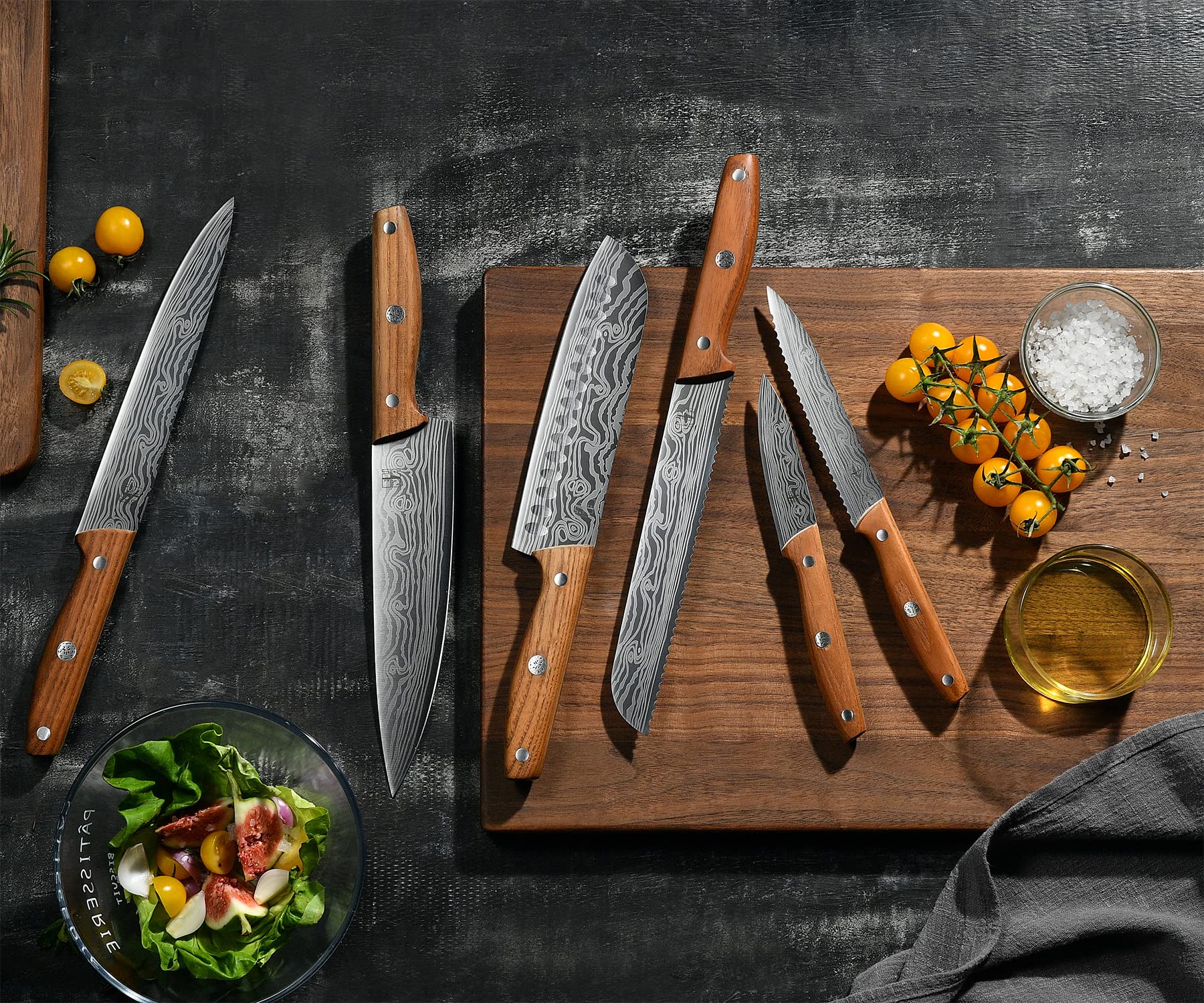 EUNA 6 Pieces Knife Set with Ergonomic ASH Handle, Kitchen Knife with High-Carbon Stainless-Steel Blade, Chef Knife Set with Multiple Sizes for Multipurpose Cooking, Gift Box
