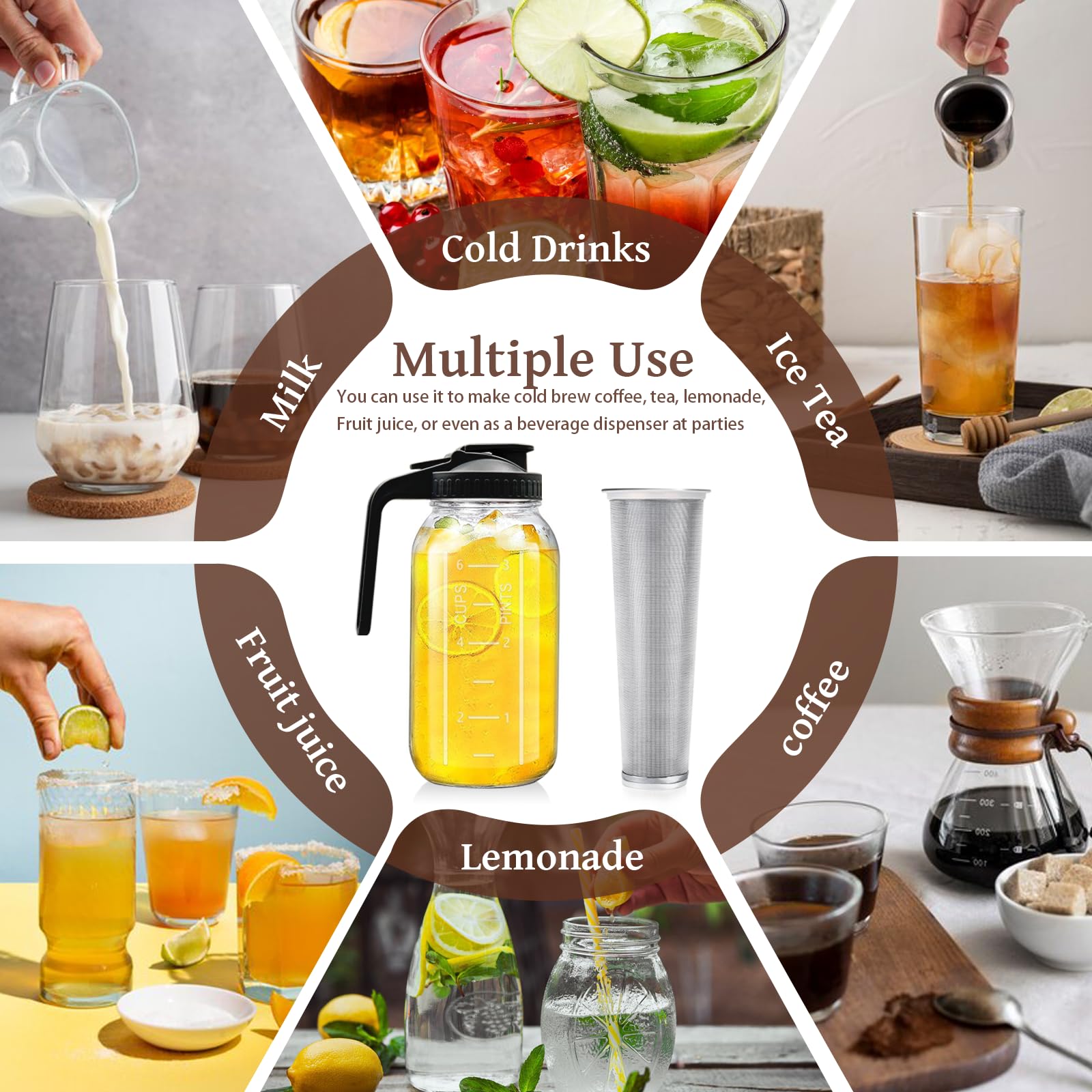 batoybeni Cold Brew Coffee Maker 64 oz (2 Quart / 1.9 Liter) Mason Jar - Wide Mouth Pitcher with Handle & Stainless Steel Filter for Coffee, Iced Tea, Sun Tea, Lemonade, and Homemade Fruit Drinks