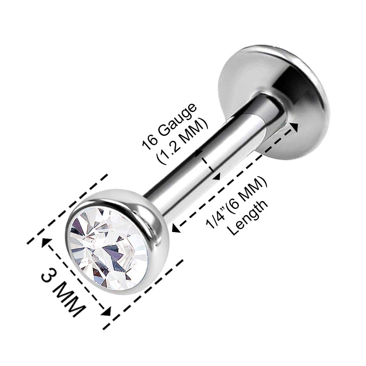 BanaVega 3PCS Steel Internally Threaded Labret Rings 16g 1/4 6mm 3mm Emerald Crystal Lobe Earrings Snake Bite Piercing Jewelry 0466