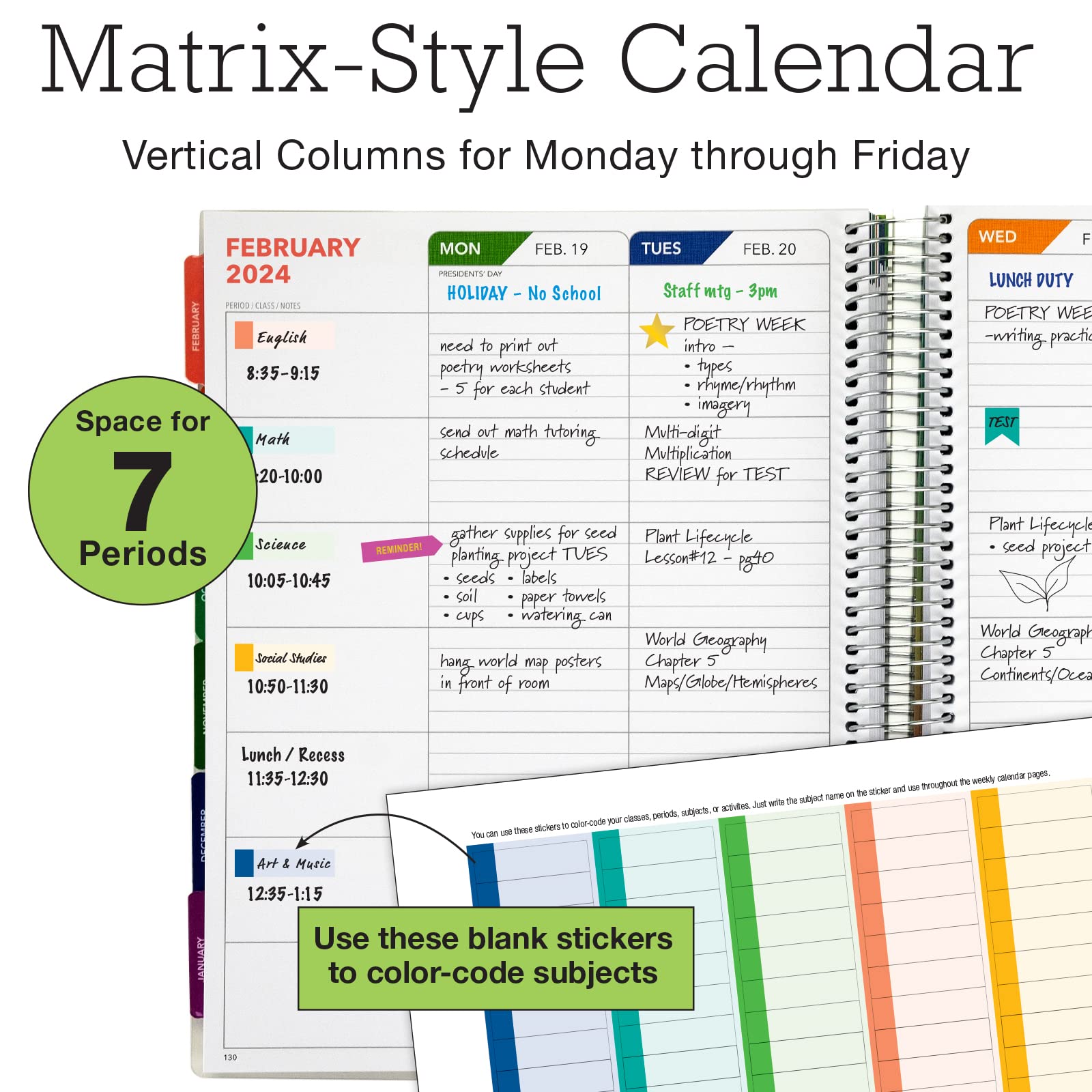 Aug 2023-Jul 2024 Deluxe Teacher Lesson Planner Notebook 8.5x11 Daily Weekly Monthly Organizers - Includes 7 Periods, Pocket Folder, Dated Calendar, Page Tabs, Bookmark, and Planning Stickers