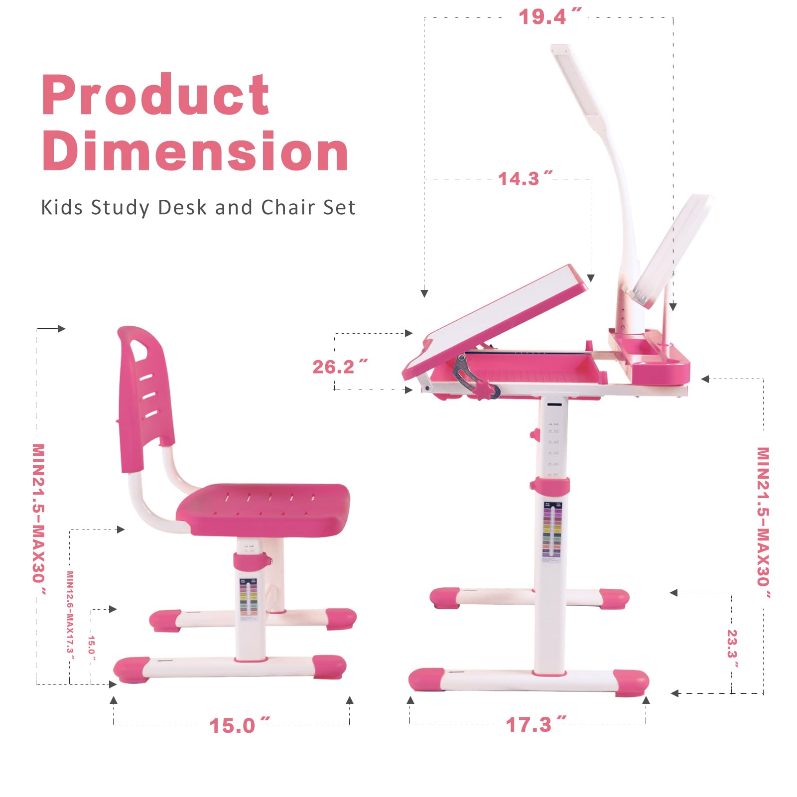 Napfox Desk for Kids Desk and Chair Set Kids Art Desk Drafting Table Desk Set with Adjustable Height, 40-Degree Tiltable Children Desktop, LED Light,Bookstand,Pink
