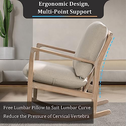NOBLEMOOD Rocking Chair Linen Fabric Upholstered Nursery Rocker Solid Wood Glider Chair with Mute Foot Pad for Living Room, Reading(Beige)