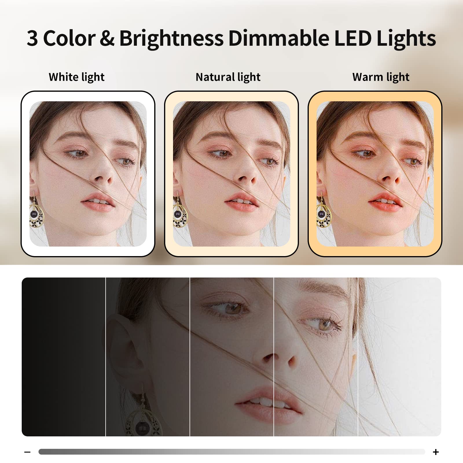 Benbilry Trifold Lighted Vanity Makeup Mirror with 74 LED Lights, 3 Color Lights & Stepless Dimming, 1X/3X/5X/10X Magnification & 2000mAh Rechargeable Magnifying Light Up Mirror, Gift for Women(Black)