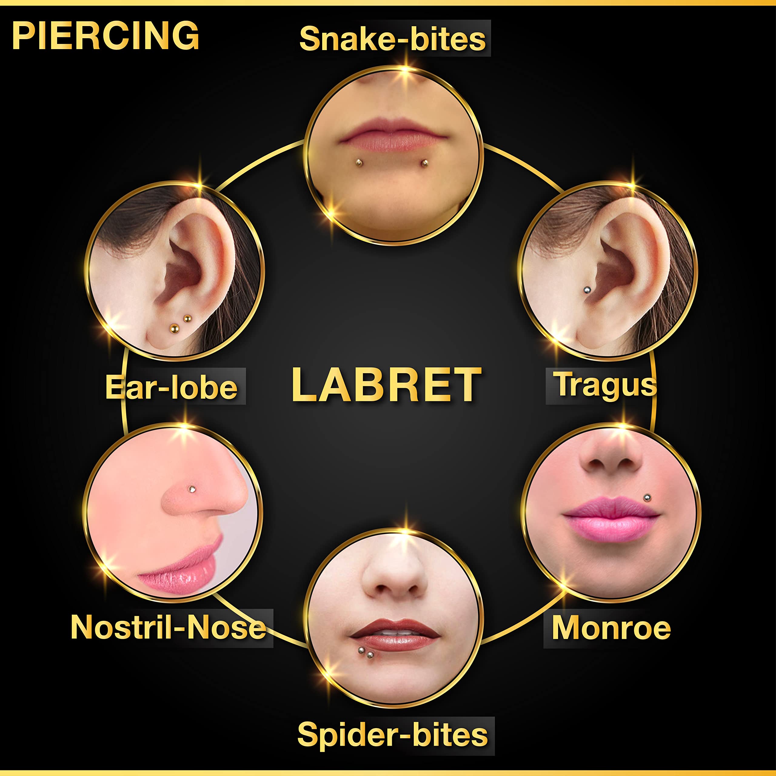 BanaVega 3PCS Steel Internally Labret Lip Rings 16g 1.2mm 5/16 8mm 4mm Clear Crystal Snake Bite Tragus Earrings Piercing Jewelry 8556