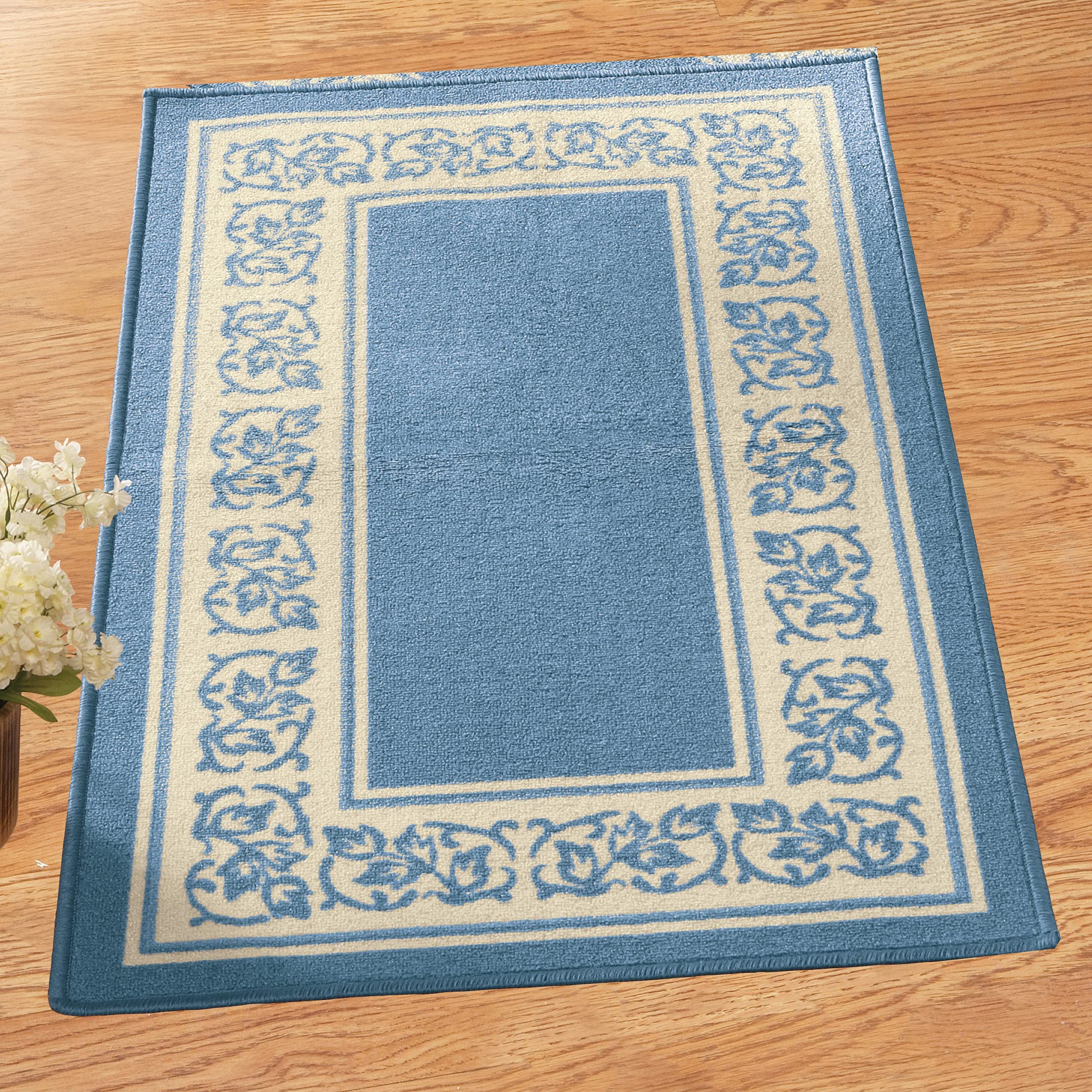 Collections Etc Floral Border Skid-Resistant Accent Rug, Blue, 26 X 45