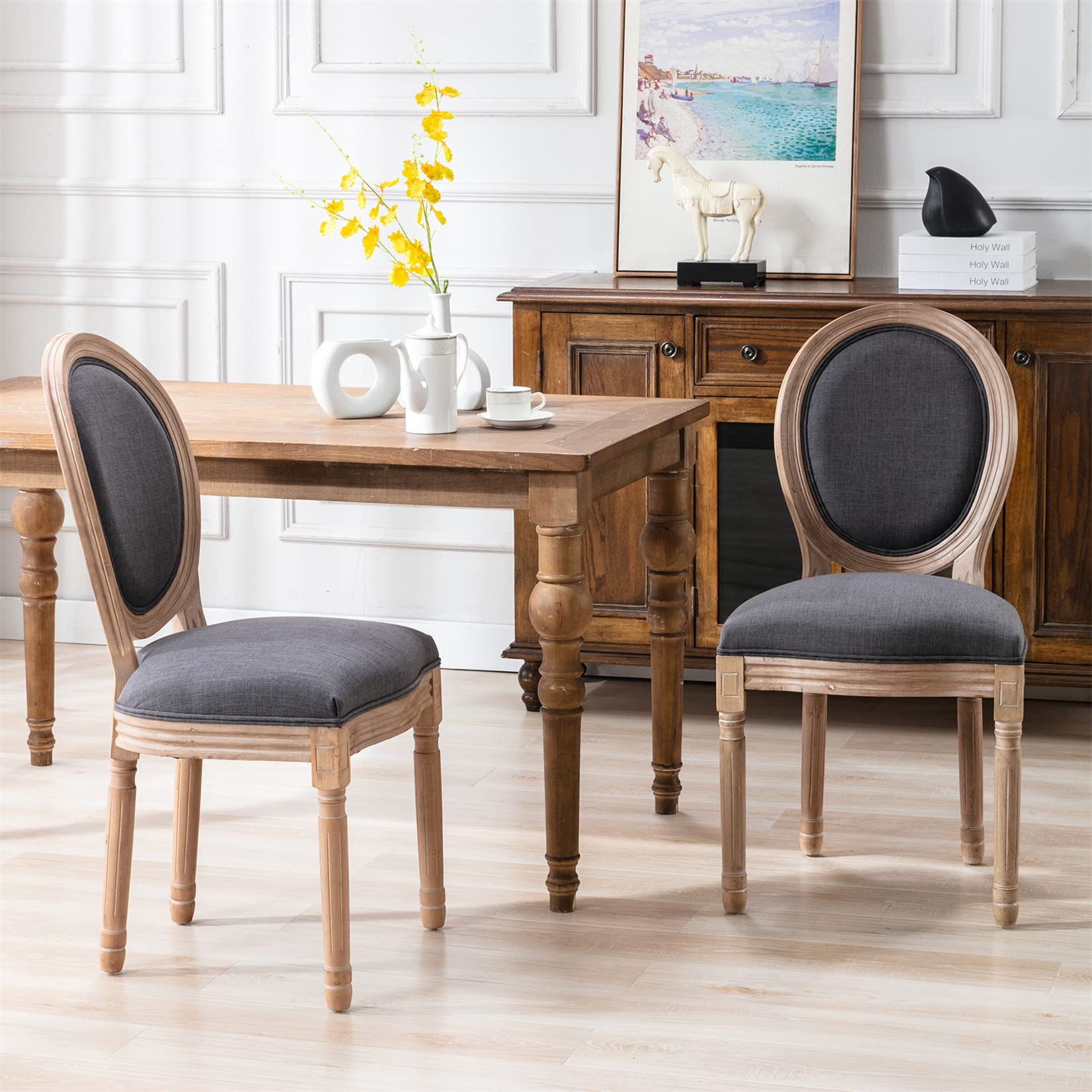 Bellemave Dining Chairs Set of 2 French Country Upholstered Dining Chairs Farmhouse Side Chairs with Solid Wood Frame for Living Room, Kitchen, Restaurant, Dark Gray