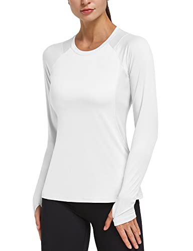 BALEAF Women's Long Sleeve Workout Tops Quick Dry Running Shirts for Hiking White XXL