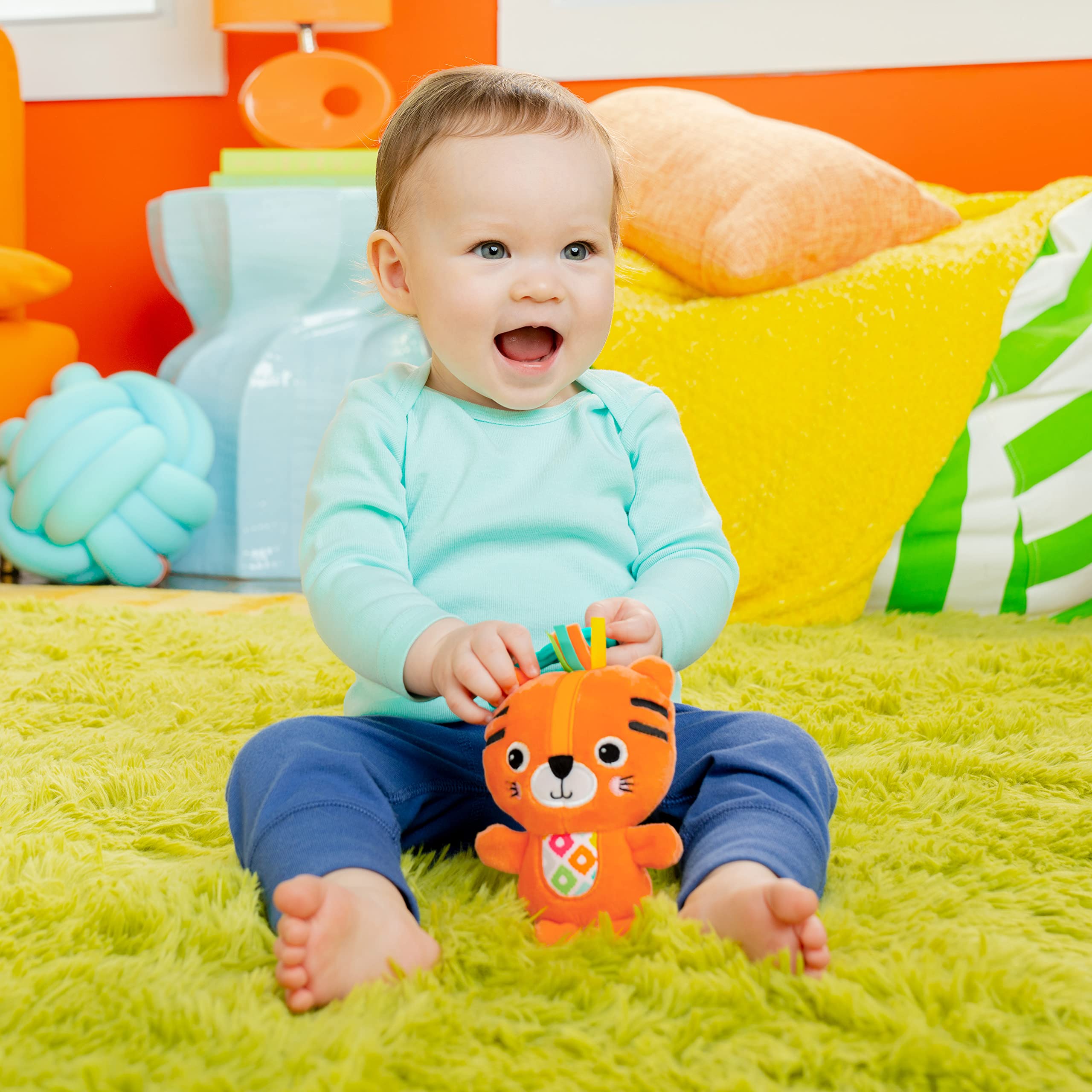 Bright Starts Jingle Joy Reach & Rattle Toy for Stroller - Tiger with Chime Sounds - Unisex, Newborn +