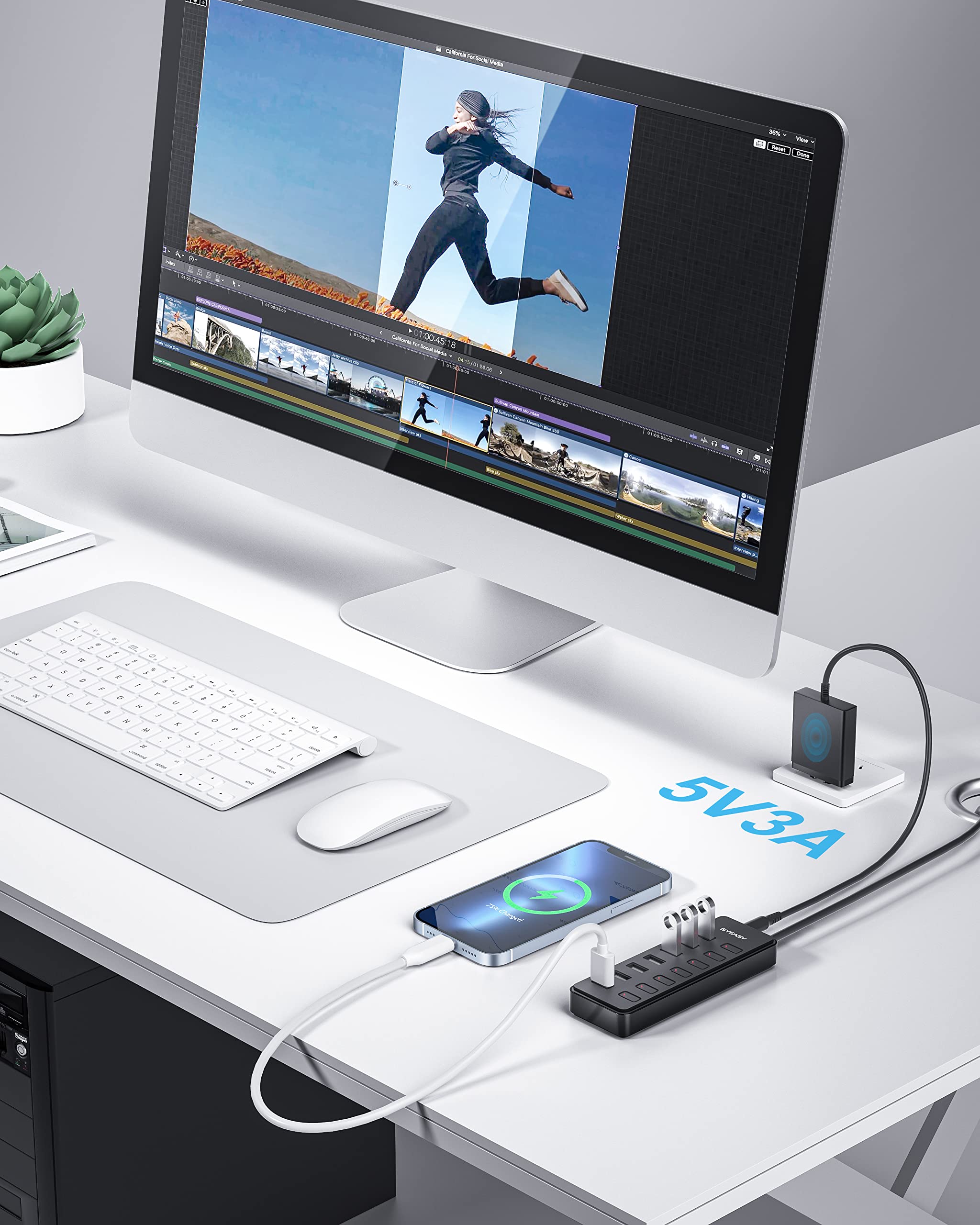 BYEASY 7 in 1 USB Hub with BC1.2 Smart-Charging Port, Powered USB 3.0 Hub with 5V/3A Power Adapter,USB Data Splitter with Individual Indicator for Notebook Laptop Tablet USB Flash Drives PC