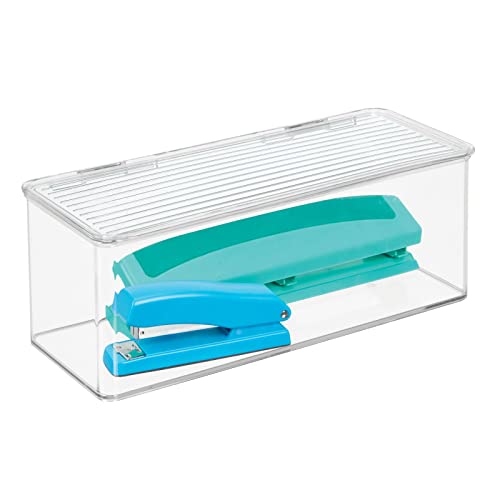 mDesign Plastic Stackable Storage Organizer Box with Hinged Lid - Long Home Office Holder Supply Bin for Note Pads, Gel Pens, Staples, Tape, Highlighters, or Dry Erase Markers - Clear