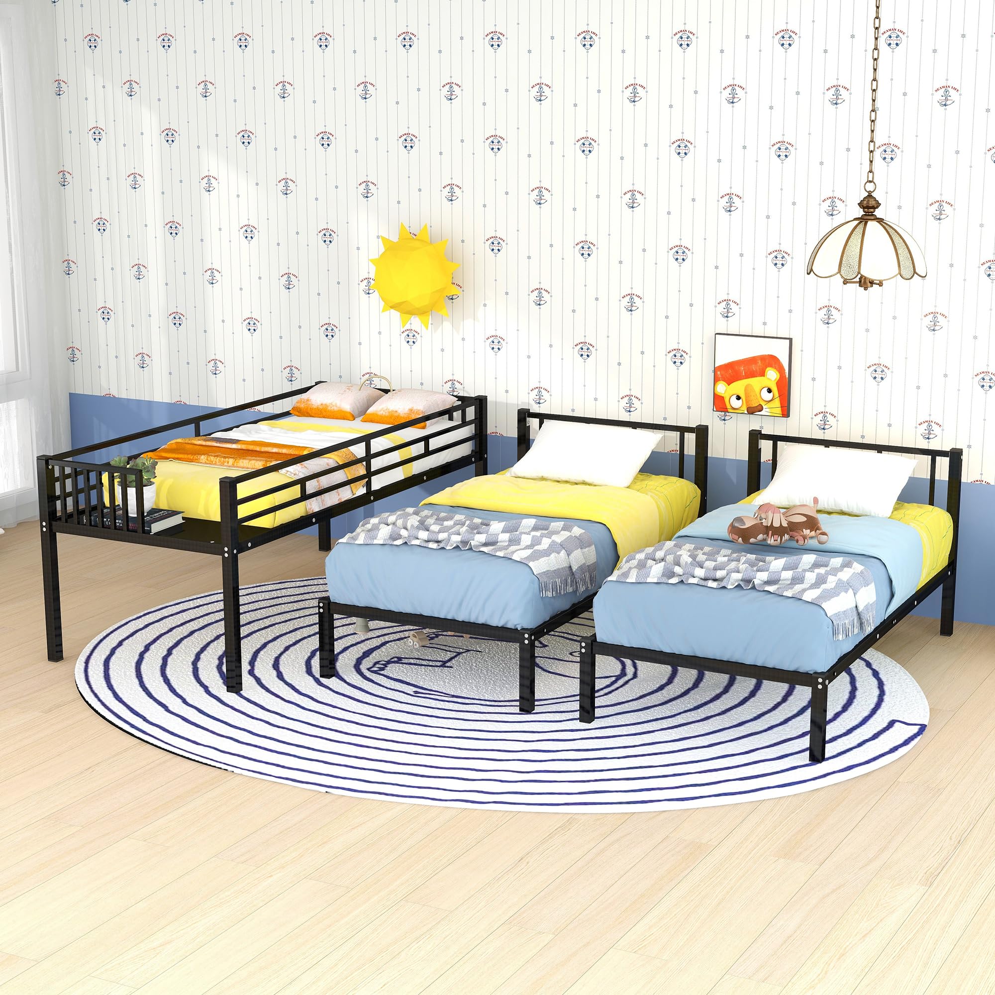 Bellemave Metal Twin Triple Bunk Bed for 3 Kids,Twin Over Twin Over Twin Bunk Beds with Built-in Shelf,Separates Into 3 Twin Beds,Noise Reduced Structure,White
