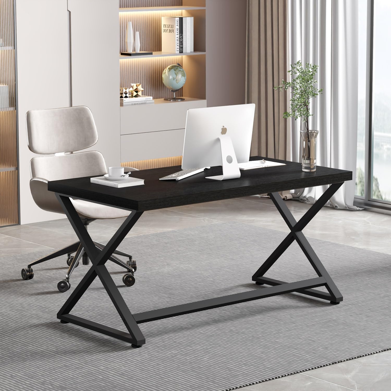 IBF Gray Computer Desk, Modern Writing Study Desk for Home Office, Industrial Wooden Metal Executive Work Desk, Simple Pc Gaming Laptop Workstation Computer Table in Bedroom, Light Grey Oak, 55 Inch