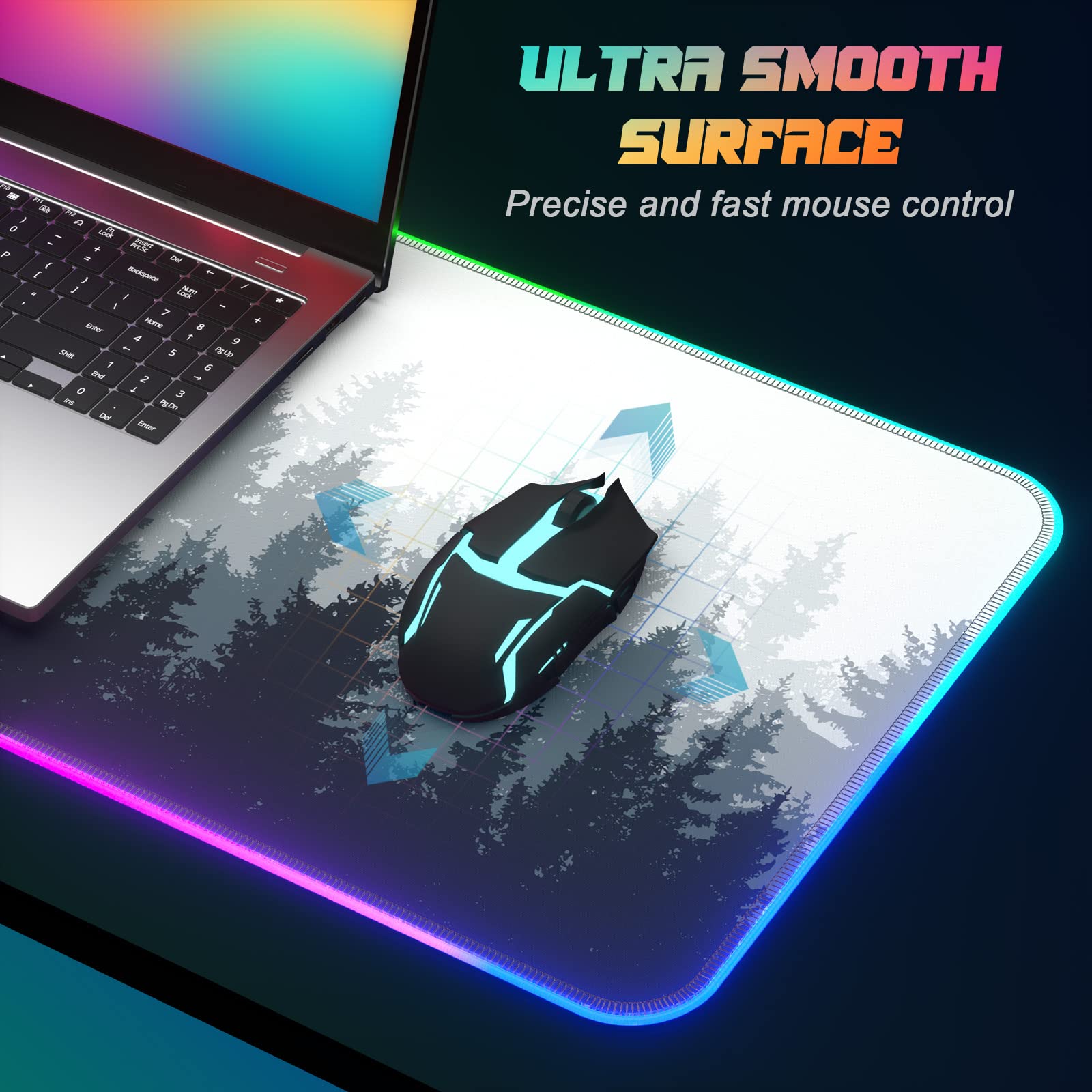 ITNRSIIET RGB Gaming Mouse Pad, Full Desk XL Extended Large Gaming Mousepad, 12 Lighting Modes 30% Thicker Big LED Desk Mat for Gamers, 32 x 12 inches, Ink Painting Misty Forest