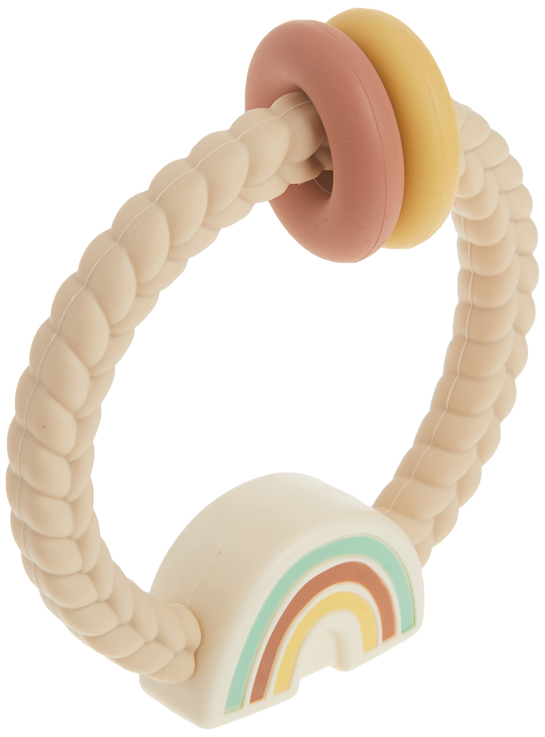 Itzy Ritzy Silicone Teether with Rattle; Rattle Teether Features Rattle Sound, Two Silicone Teething Rings and Raised Texture to Soothe Gums; Ages 3 Months and Up (Neutral Rainbow)